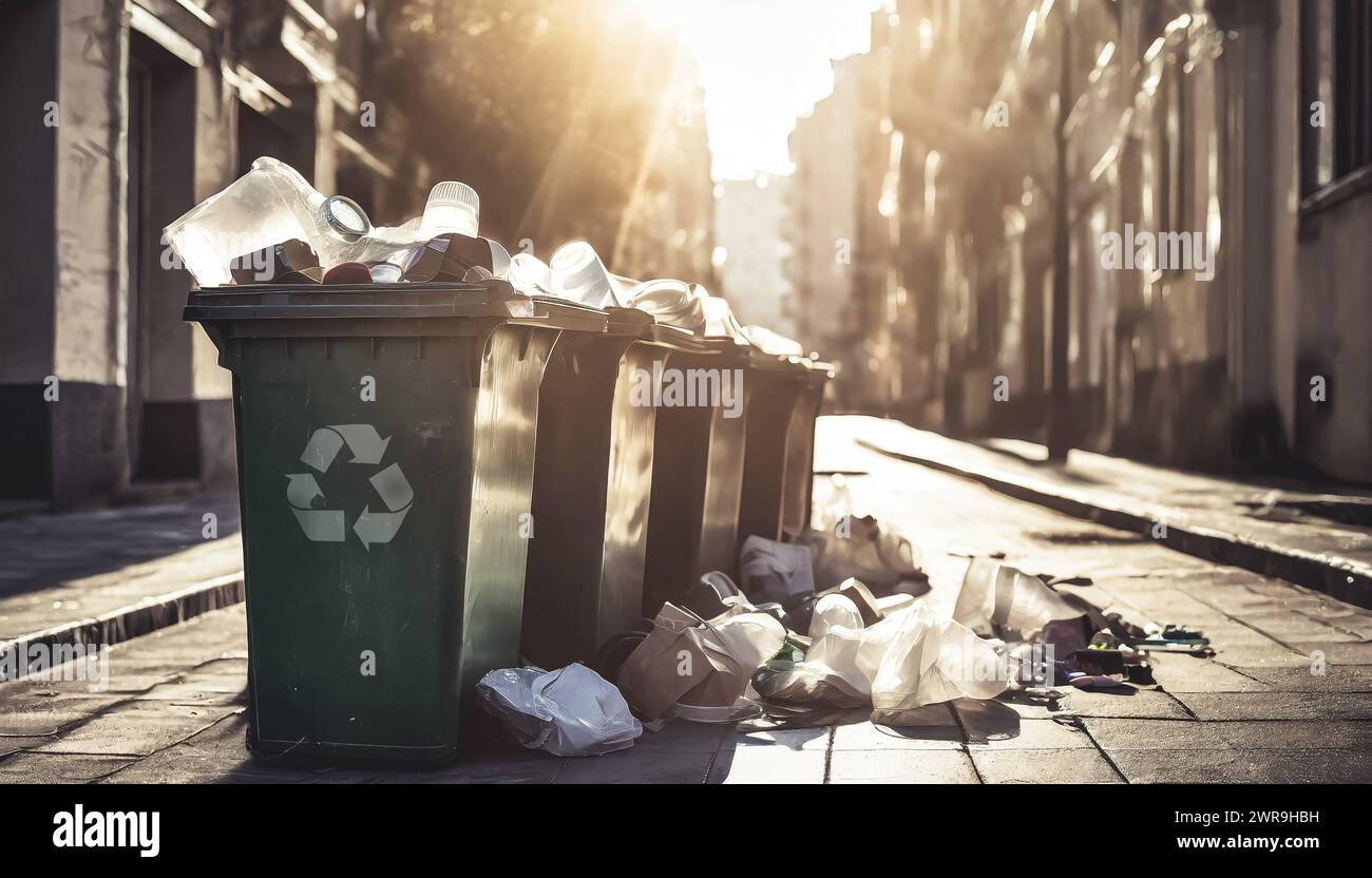 Recycling containers full of waste in a city street. Waste recycling ...