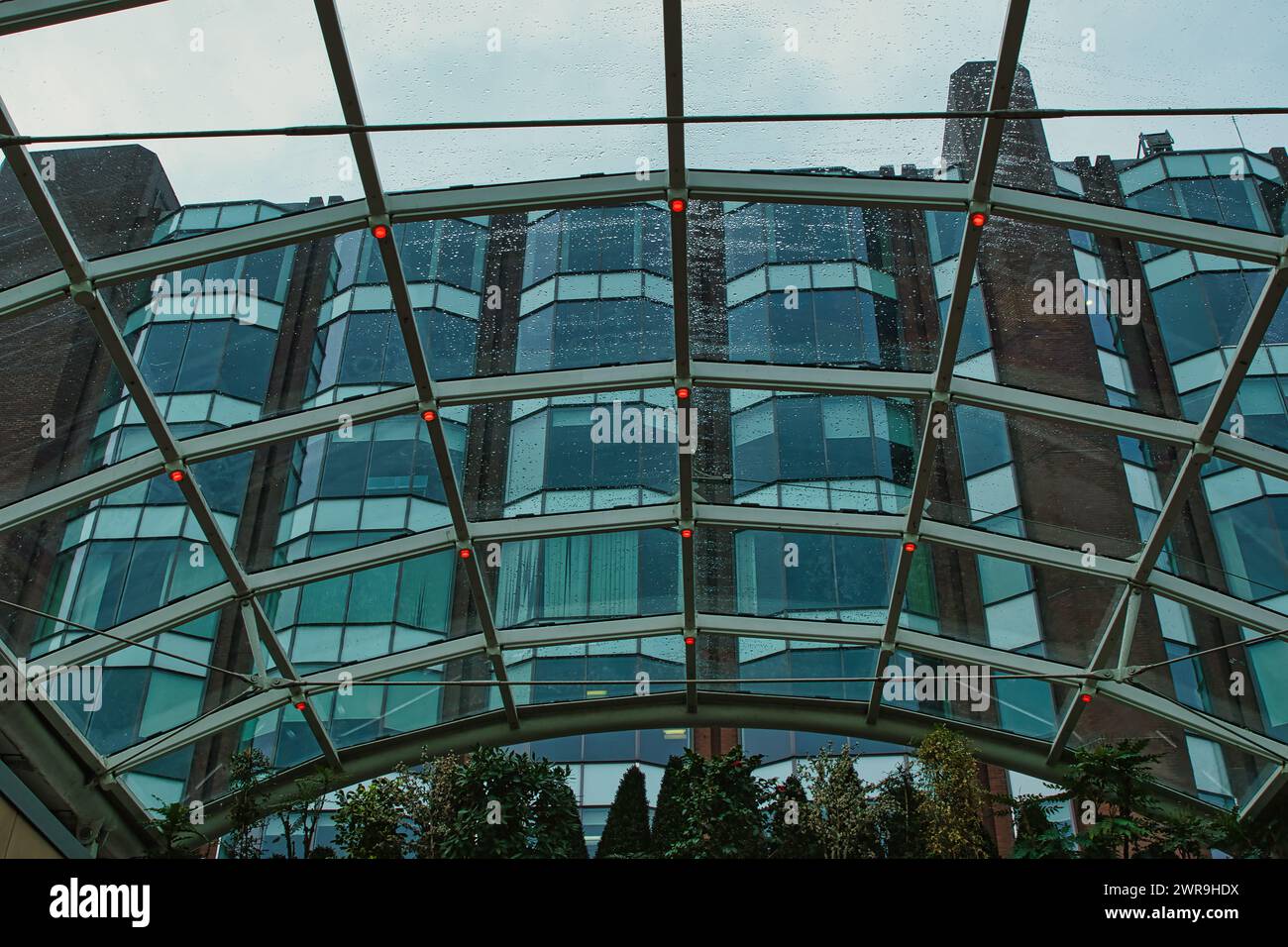 Modern glass building facade viewed through a transparent arched ...