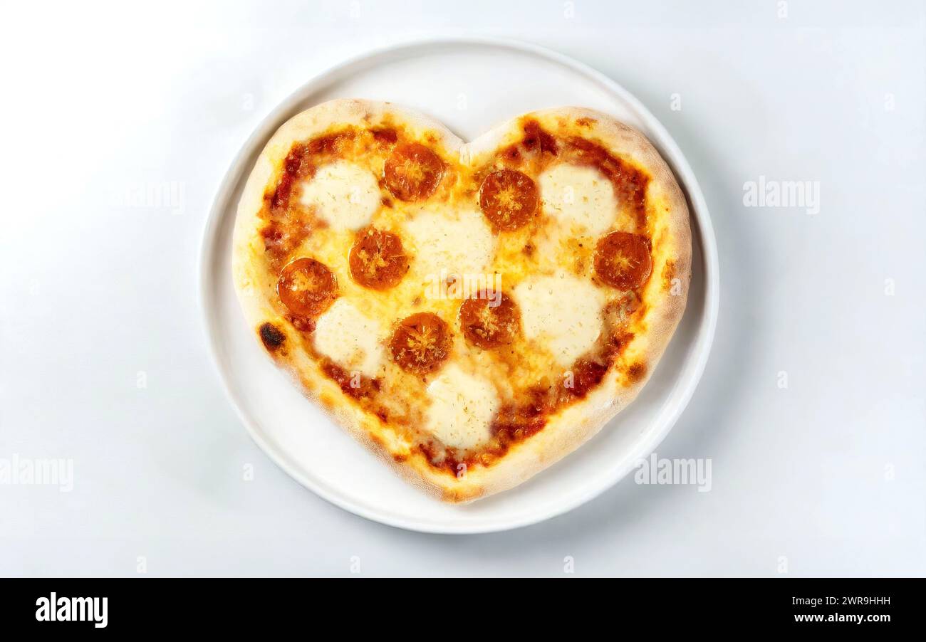 Heart shaped pizza margherita in a dish isolated on white background ...