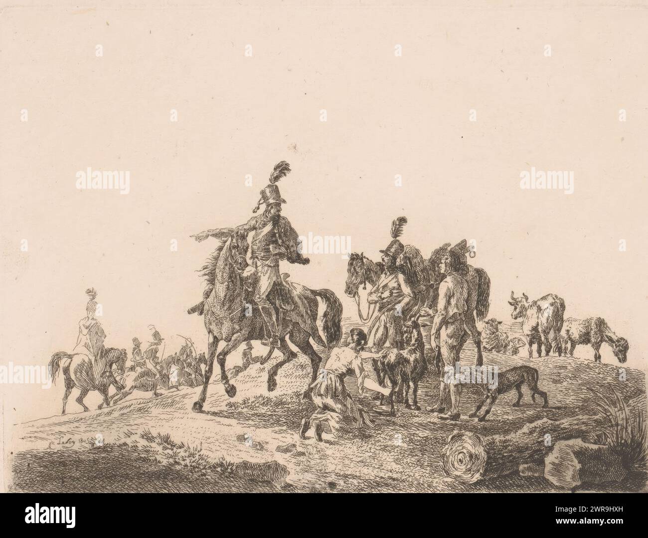 Shepherds with their animals and a troop of cavalry, print maker ...