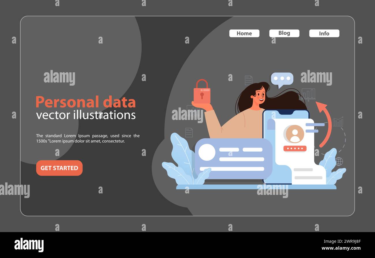 Personal data protection concept. Woman holds a digital padlock near a user profile, ensuring ...