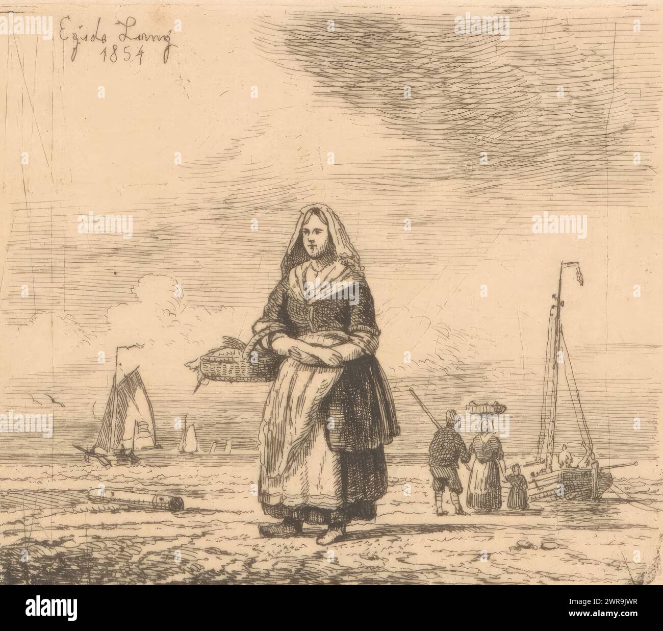 Fish seller on the beach of Ostend, print maker: Egidius Linnig, 1854 ...