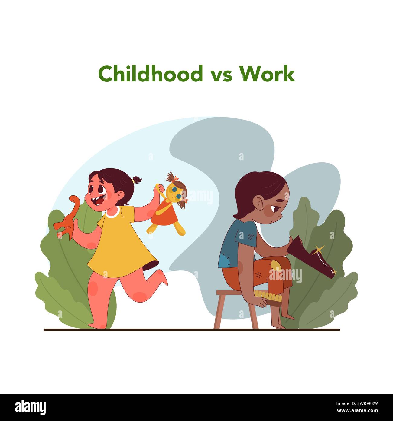 Childhood vs work contrast. Girls playing and working. Contrasting joy ...