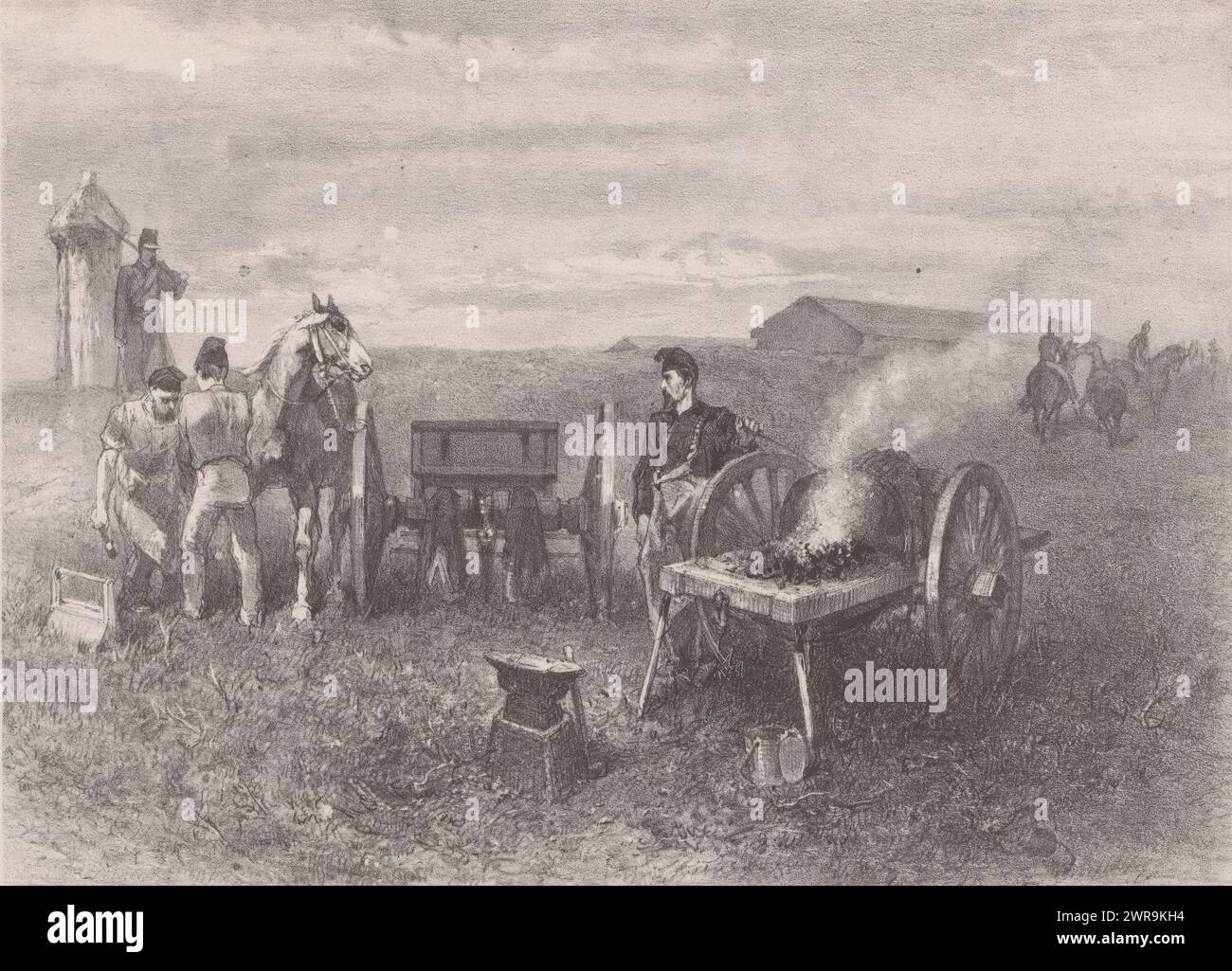 Military farrier in the field, on the right is the forge on wheels ...