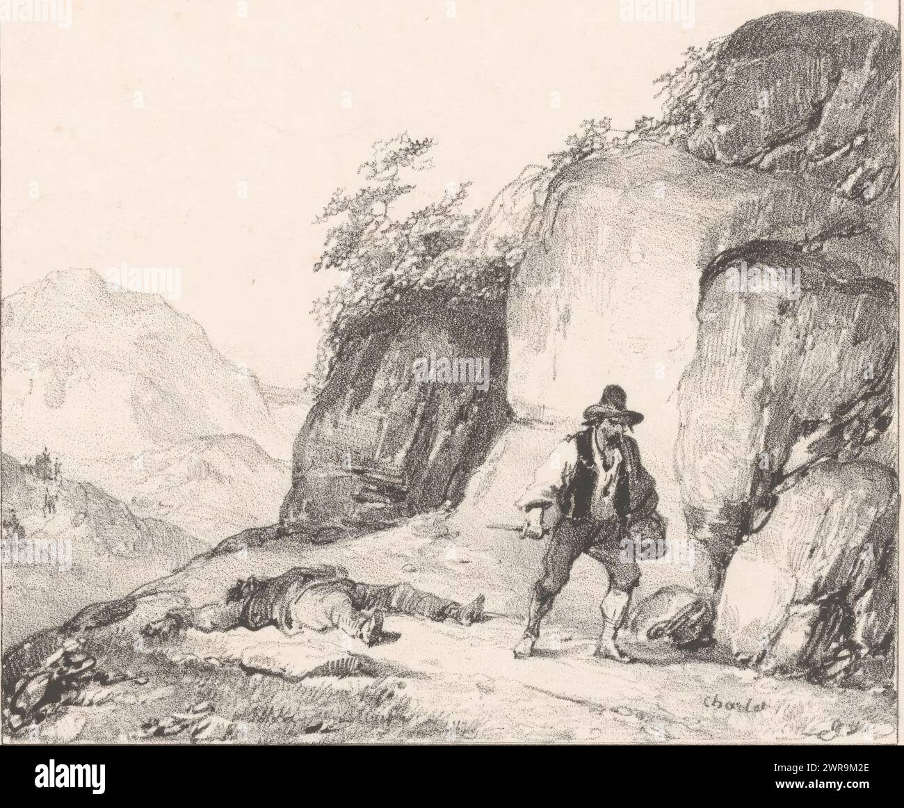 Landscape with armed guerrilla fighter and a dead person, Le guérillas ...
