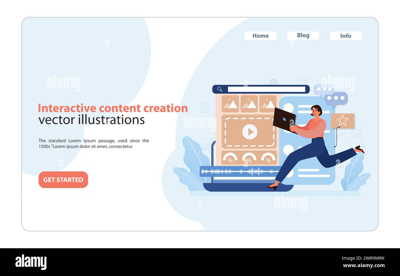 Interactive Content Creation. Dynamic illustration of a content creator designing engaging ...
