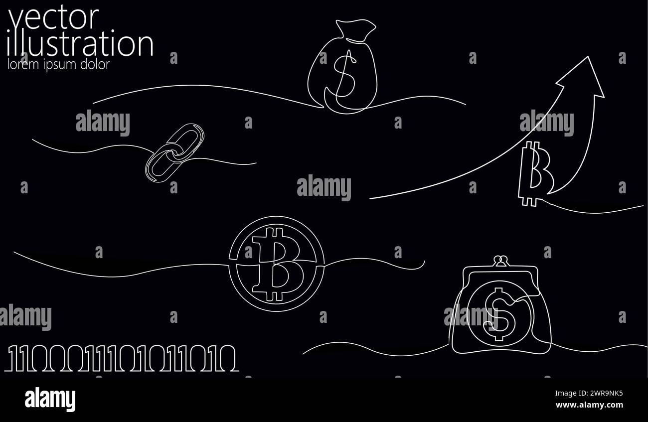 Single continuous line art bitcoin cryptocurrency set. Blockchain ...