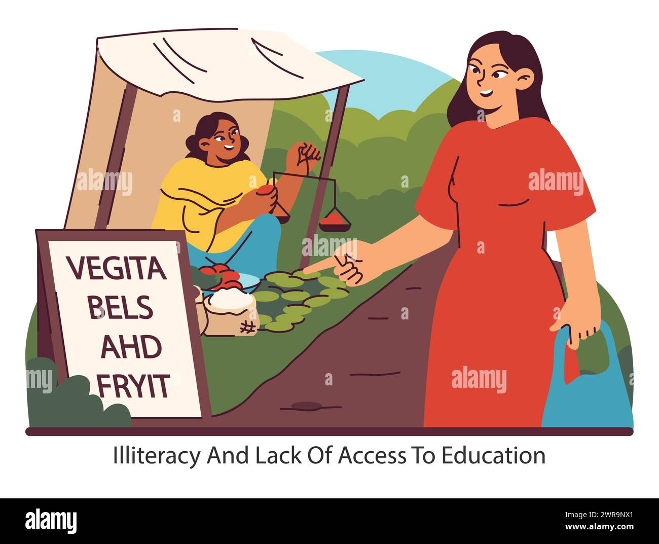 Educational gap. A woman sells produce with a misspelled sign ...