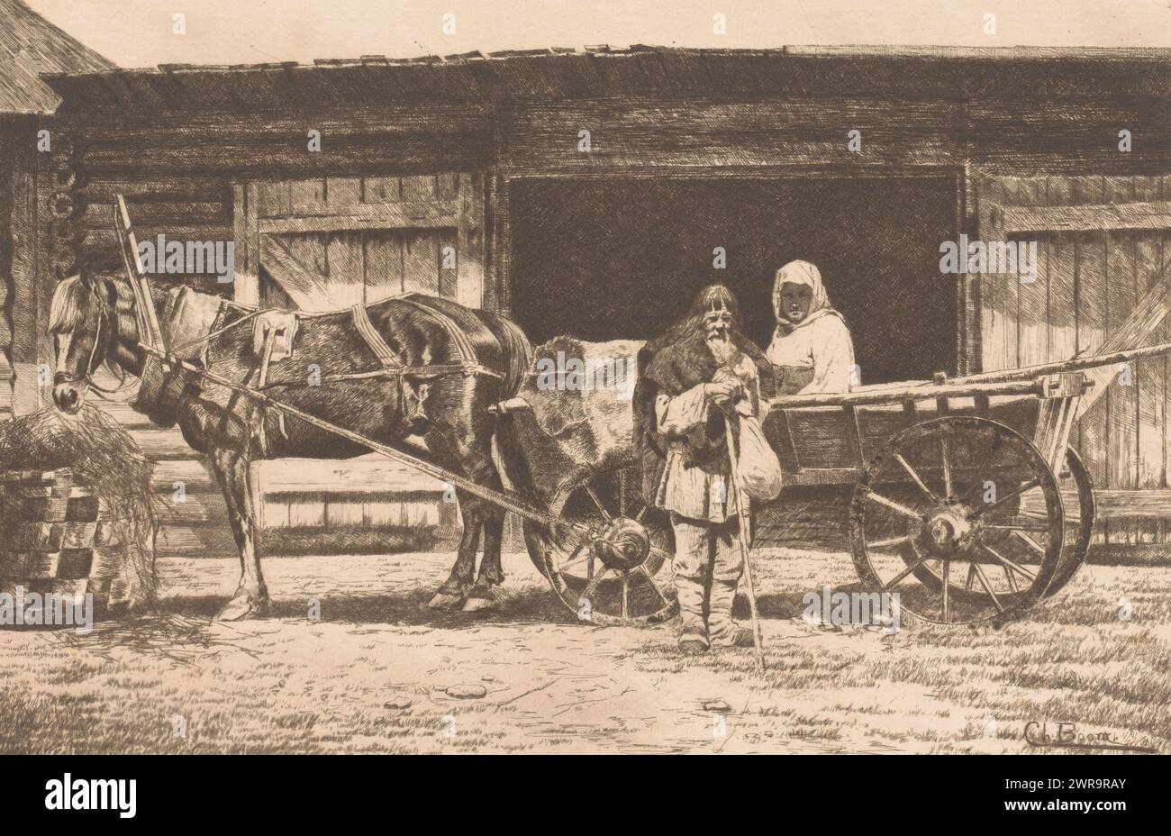 Man and woman with horse and cart in front of a barn, print maker ...