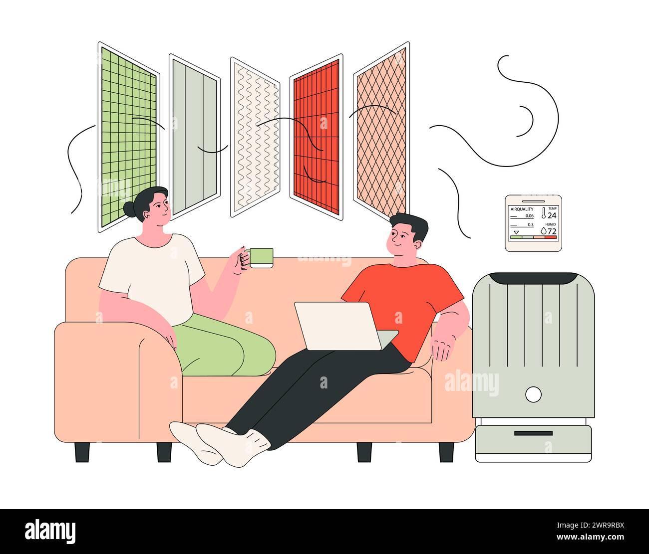 Indoor air quality. Couple enjoying clean air, relaxing at home with an ...