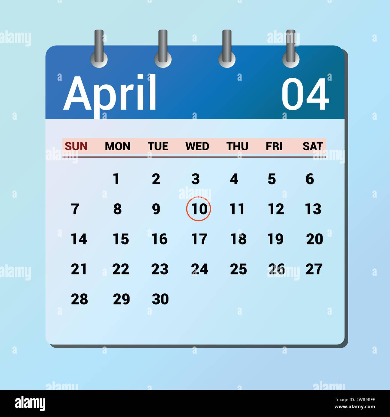 Vector Page Of April Month Calendar And Highlighted Date April 10 Stock