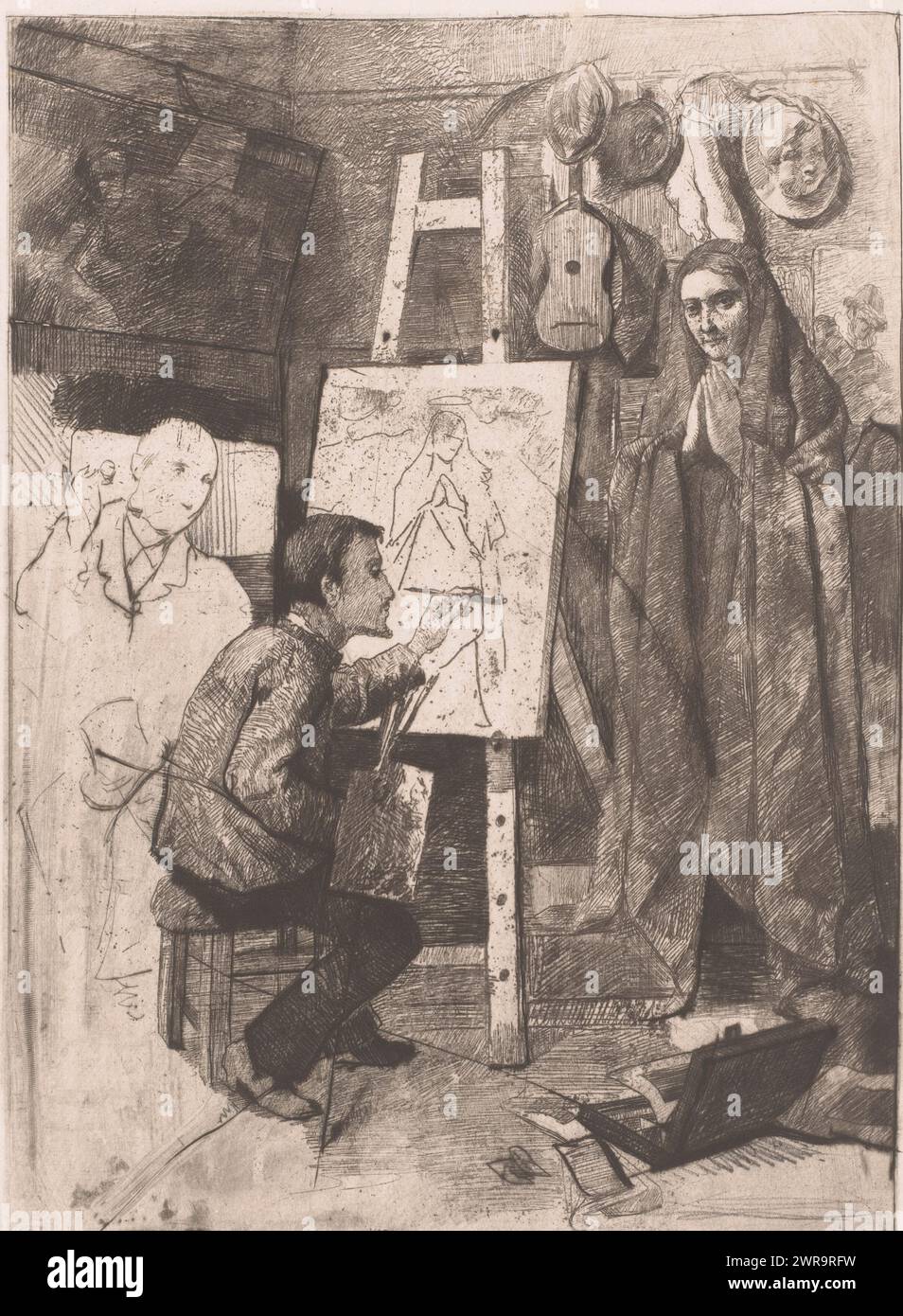 Artist, his model and an art lover in the studio, L'artiste, son modèle ...