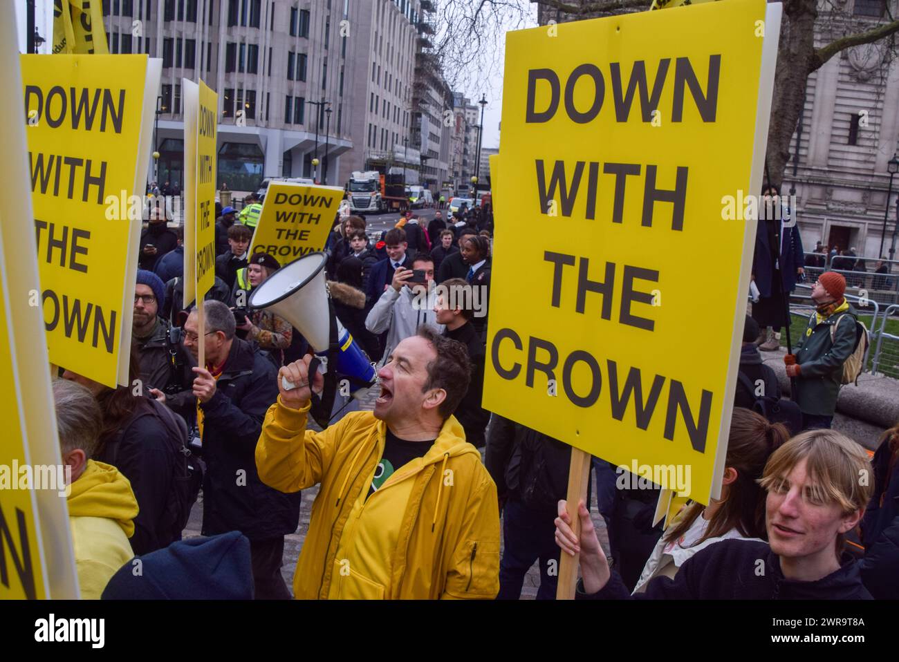 London, UK. 11th Mar, 2024. Graham Smith, CEO of Republic, chants ...