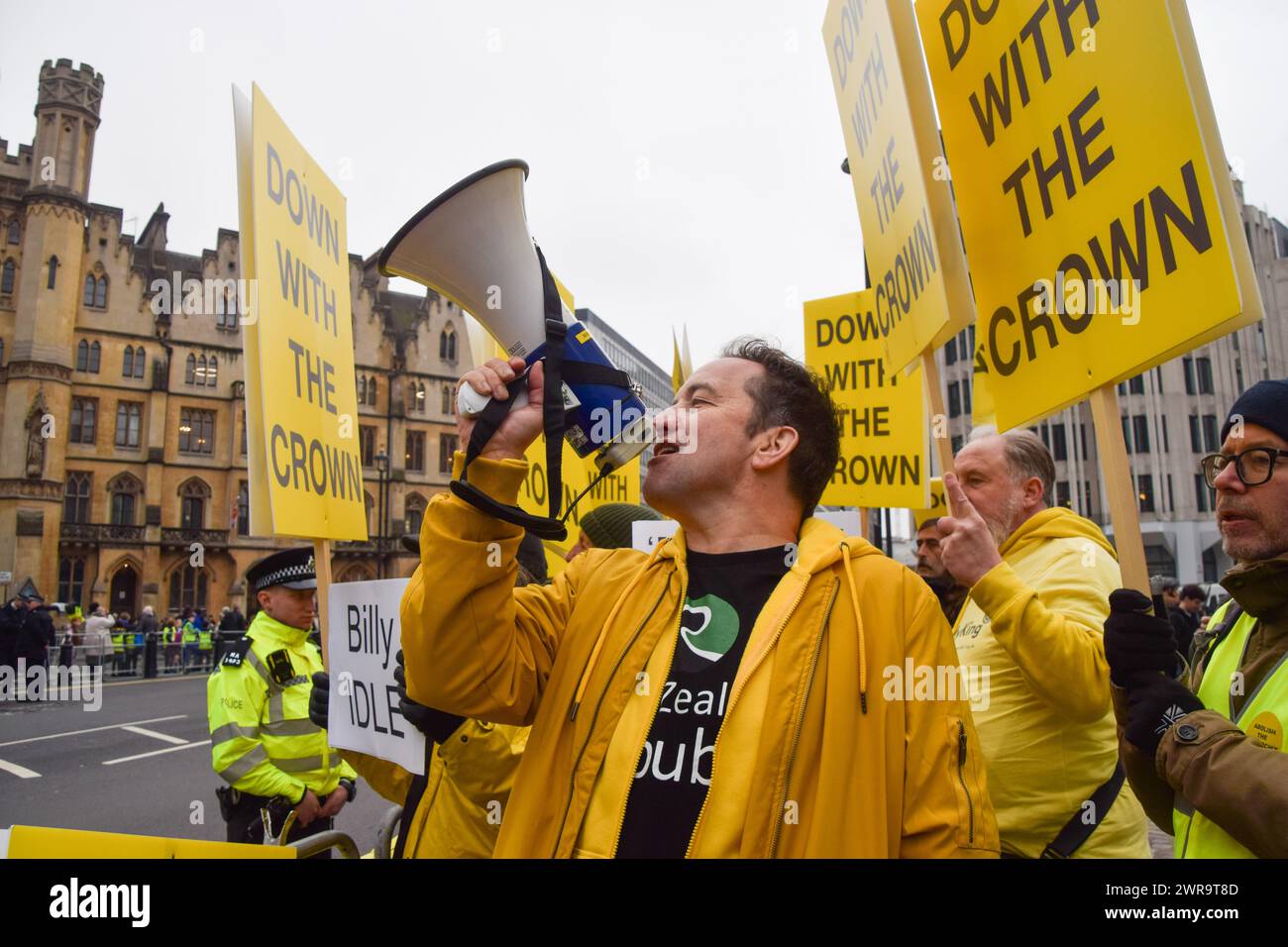 London, UK. 11th Mar, 2024. Graham Smith, CEO of Republic, chants ...