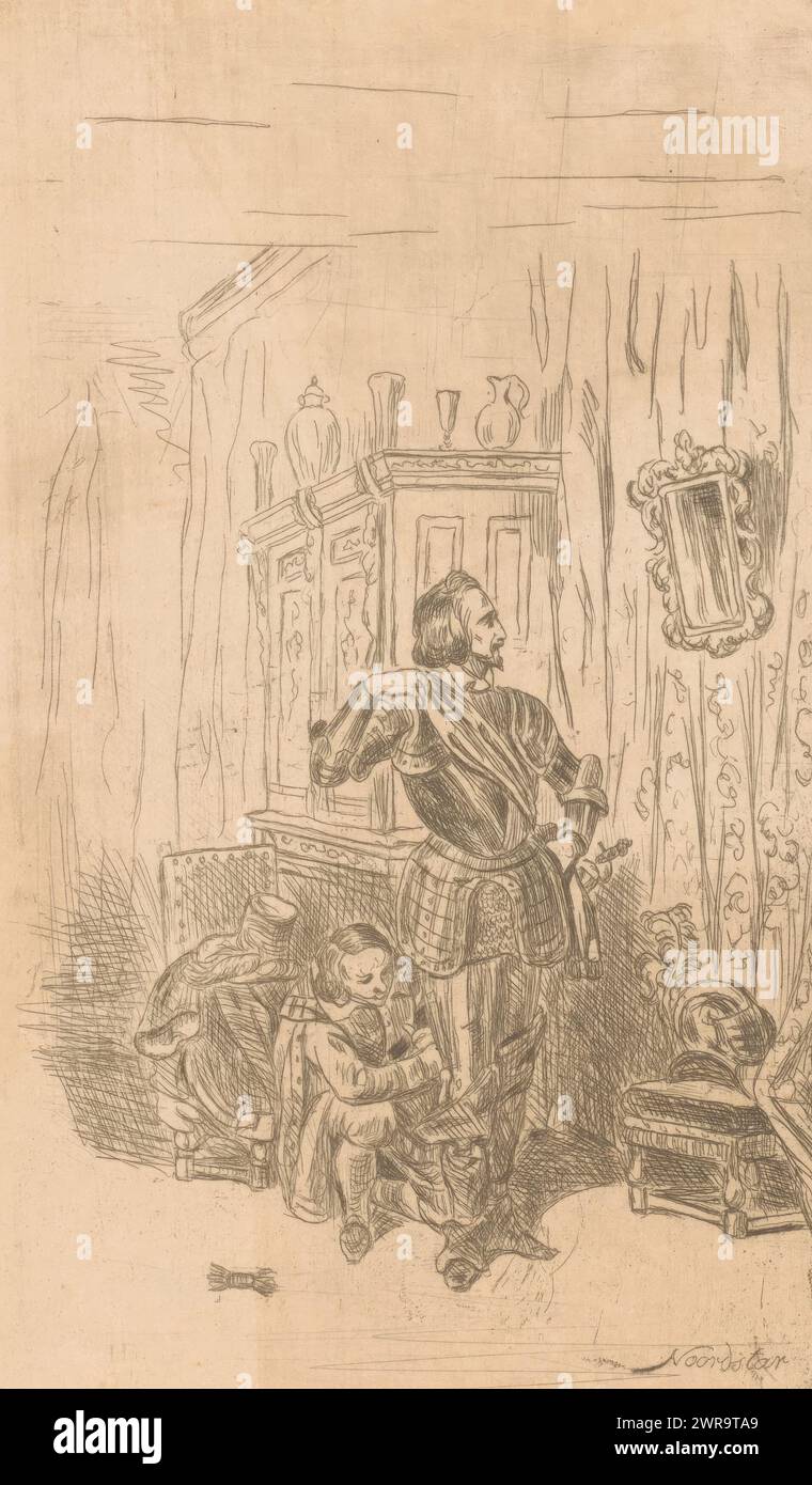 Knight is put in armor by a servant, print maker: Henri Dillens ...