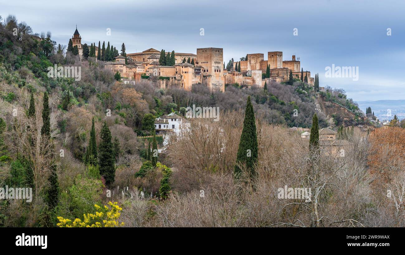 Granada, Spain, February 11, 2024. View of the Alhambra in Granada from ...