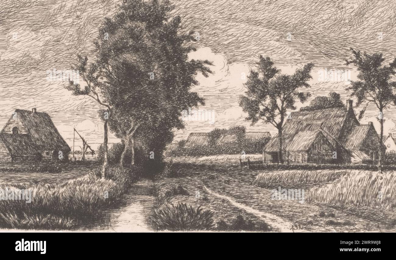 Farm houses near a ditch, print maker: Alfred Elsen, 1860 - 1910, paper ...