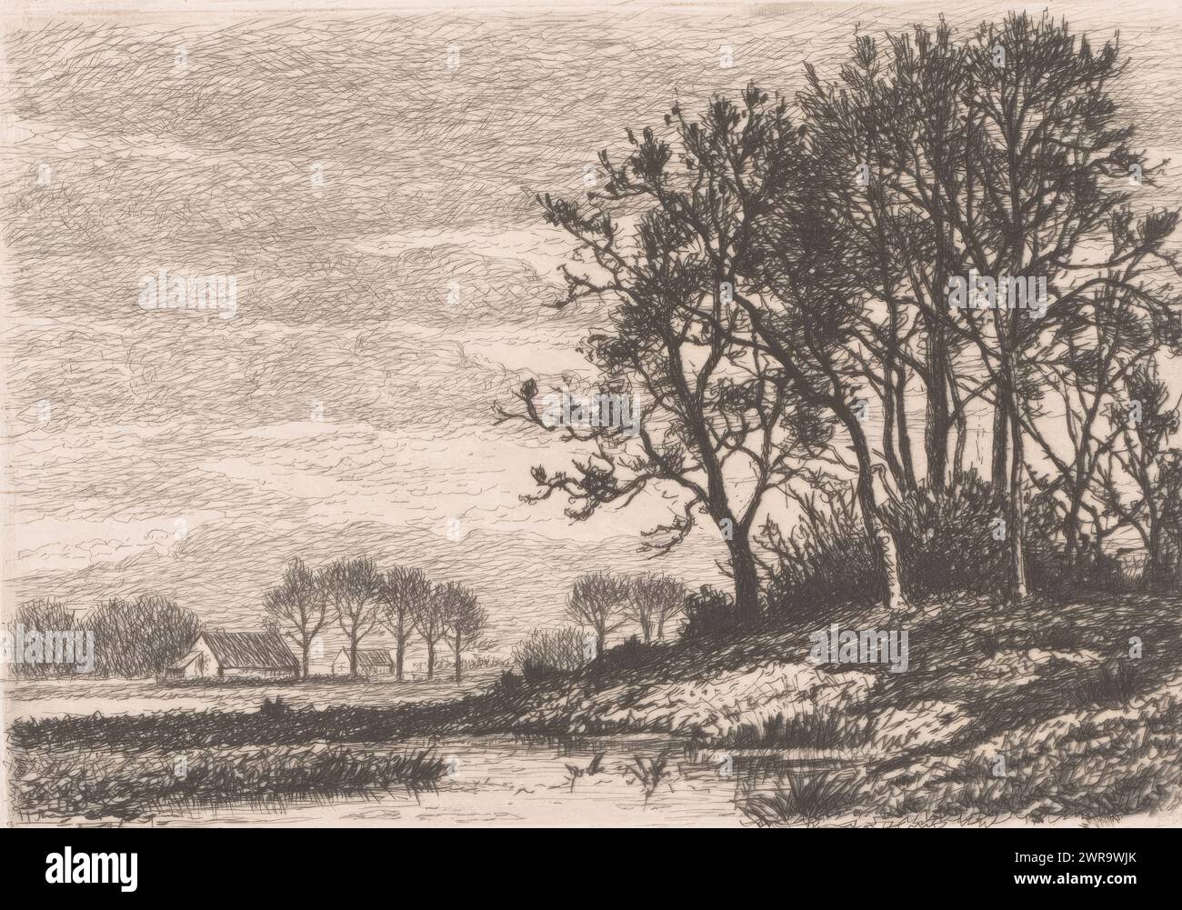 Landscape with trees on a hill by the water, print maker: Alfred Elsen ...