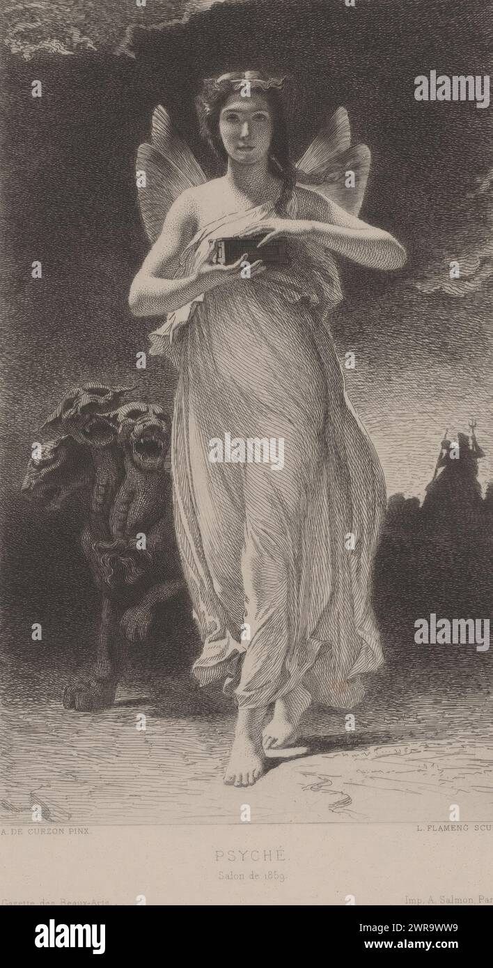 Psyche with Cerberus at her feet, Psyché, print maker: Léopold Flameng ...