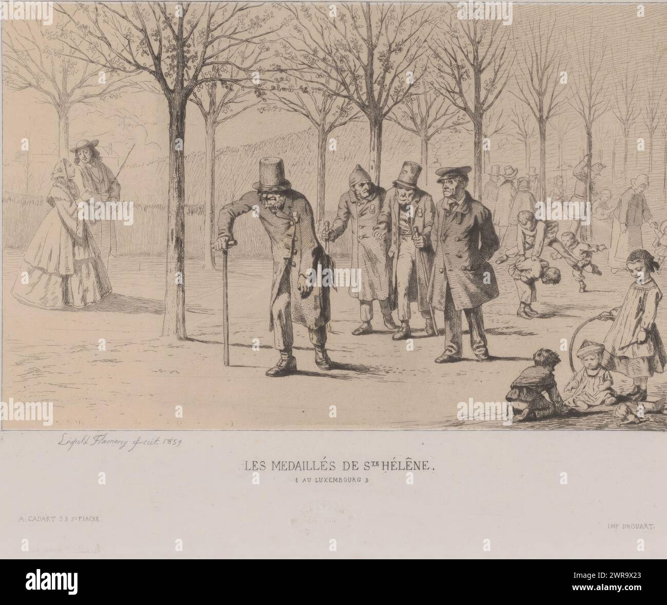 Four veterans walking in a park with children playing, Les medals de St ...