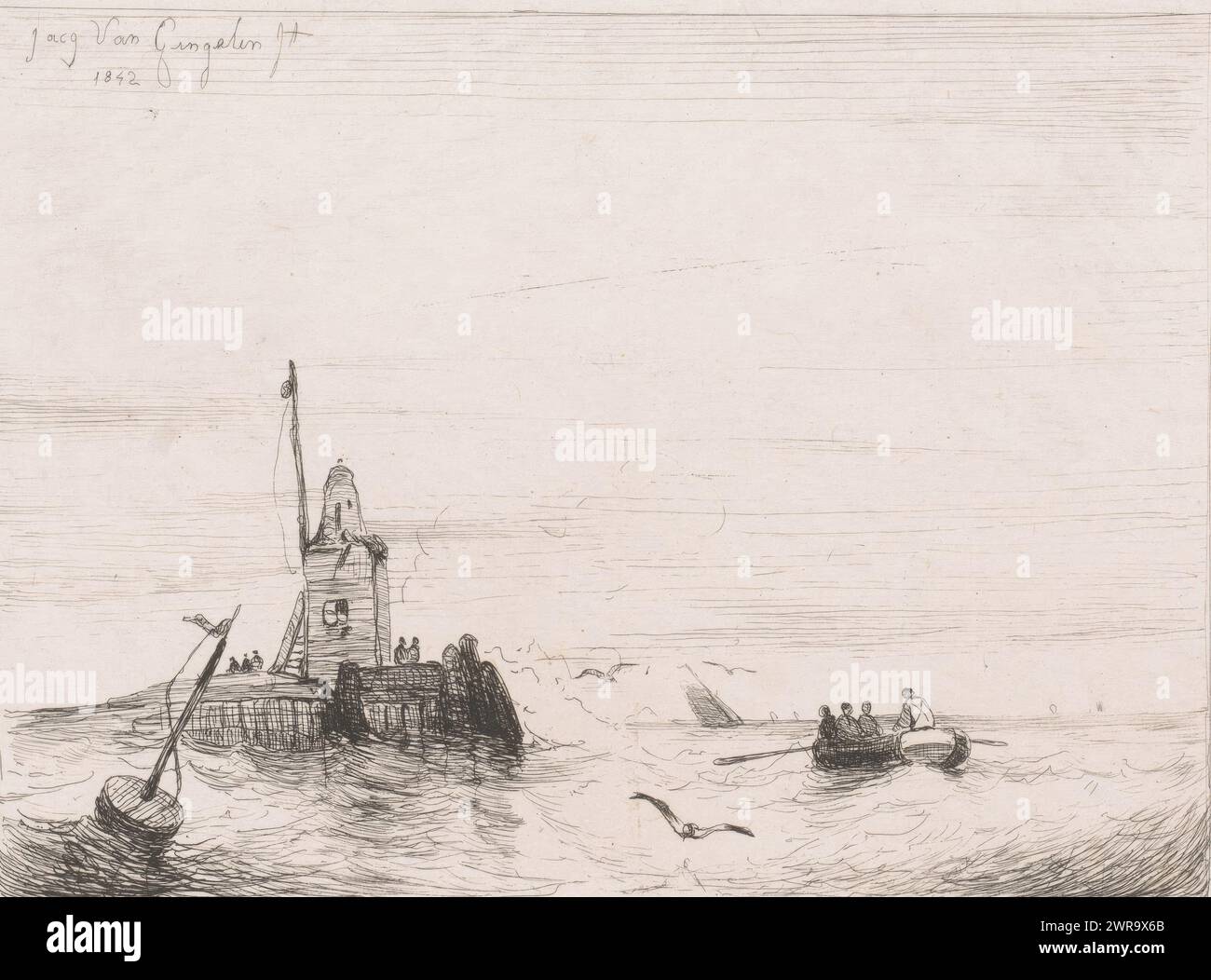 Seascape with lighthouse and rowing boat, print maker: Jacques Van ...