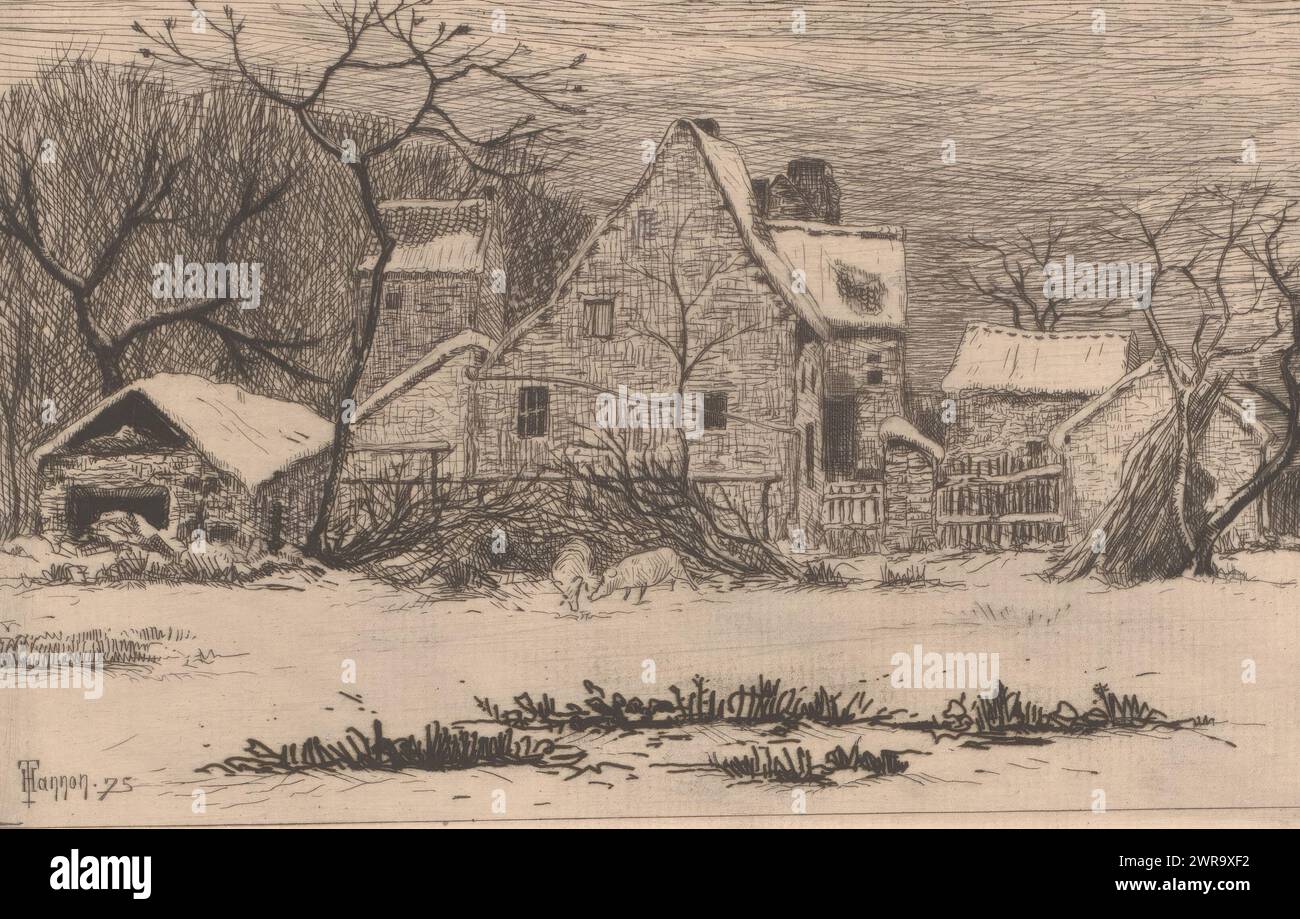 Winter view with farm with two pigs, print maker: Theodoor Hannon, 1875 ...