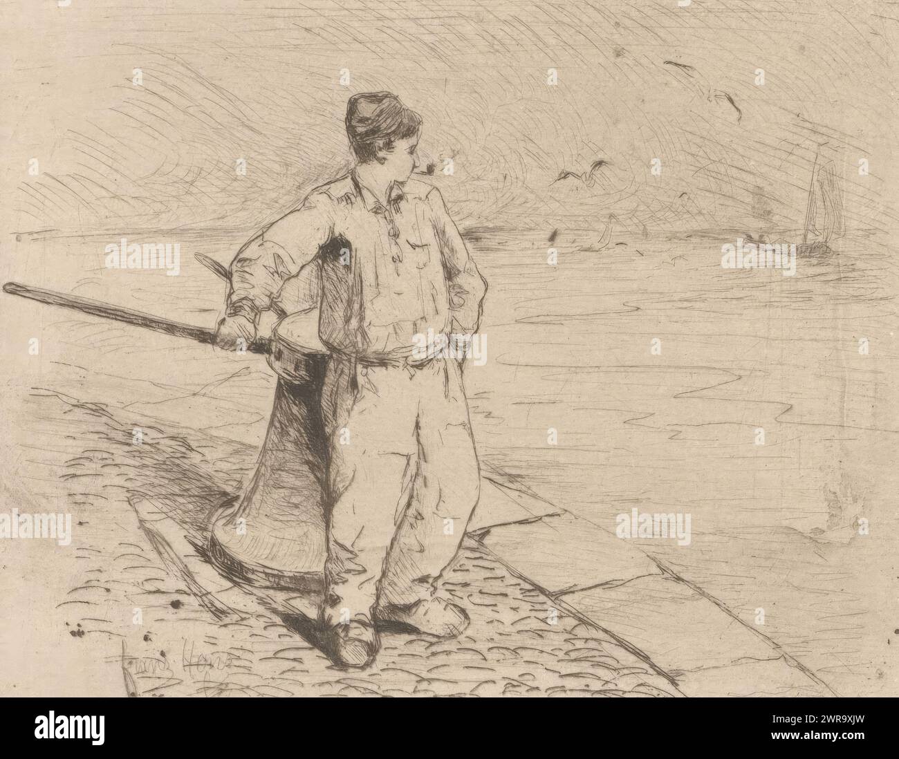 Pipe smoking man on the quay, print maker: Frans Hens, 1884, paper ...
