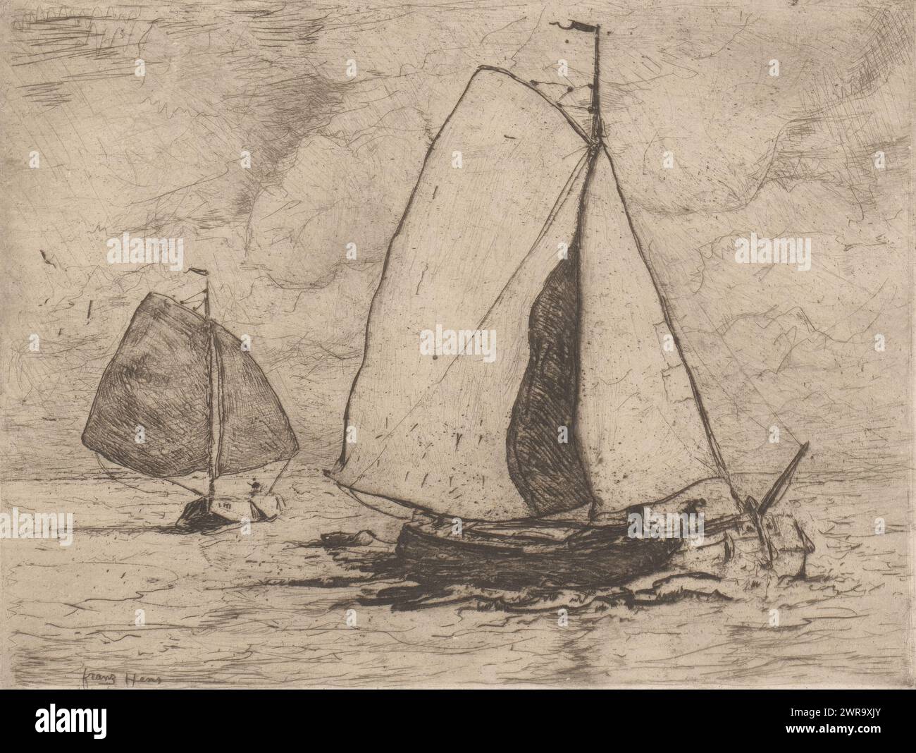 Two sailing ships on the water, print maker: Frans Hens, 1866 - 1910 ...
