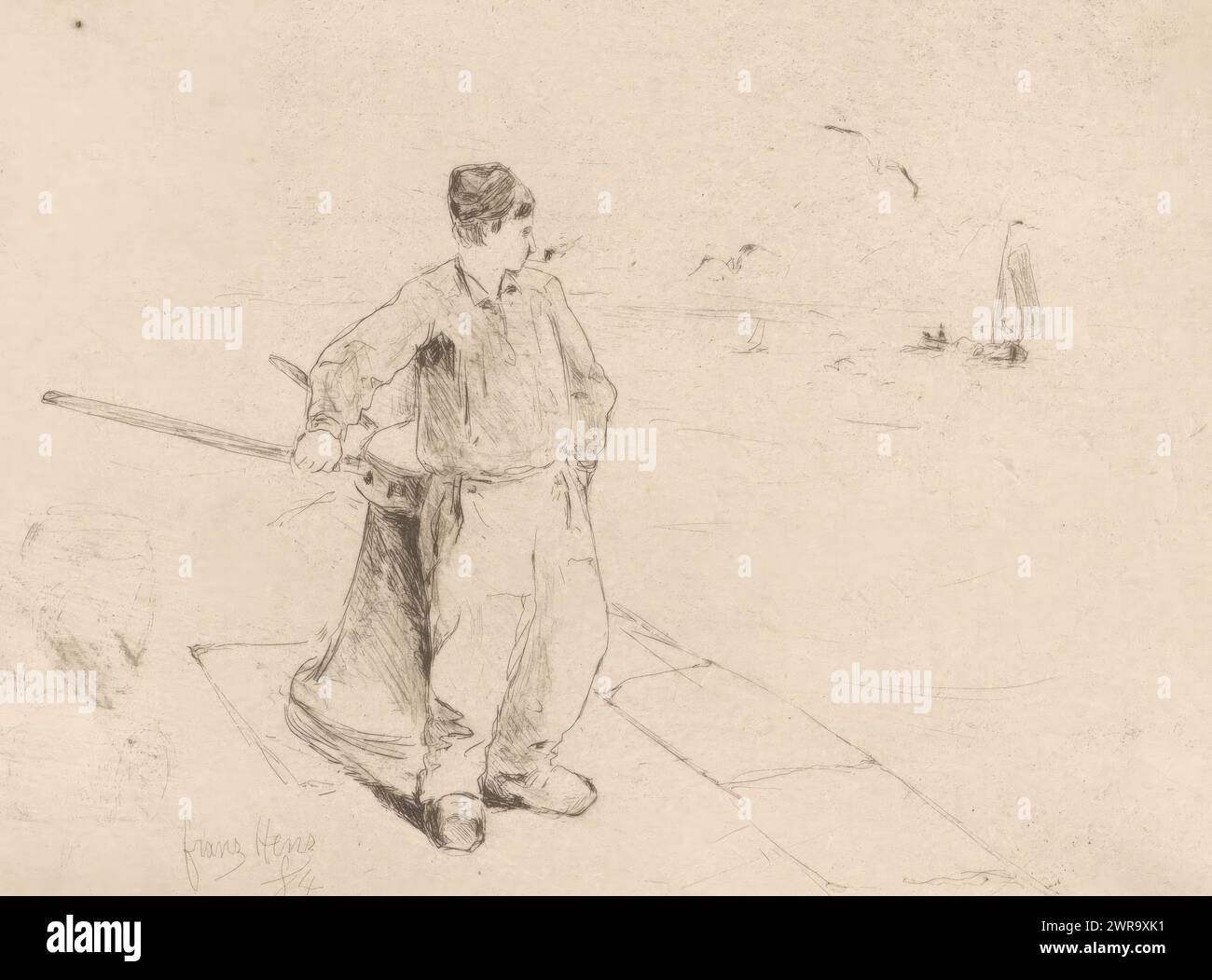 Pipe smoking man on the quay, print maker: Frans Hens, 1884, paper ...
