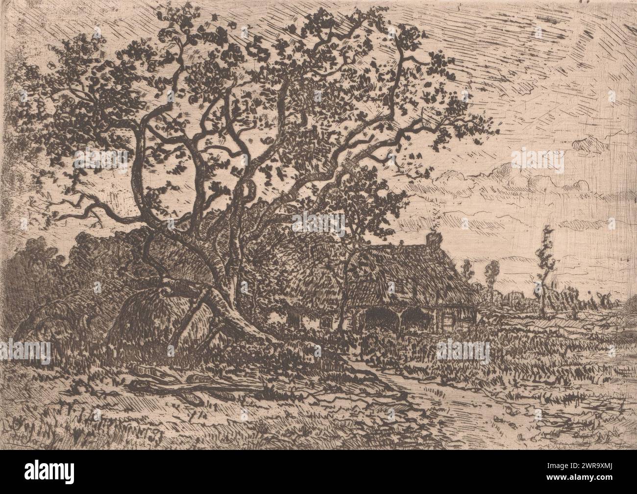 Landscape with farms behind a large tree, print maker: Louis Adolphe ...