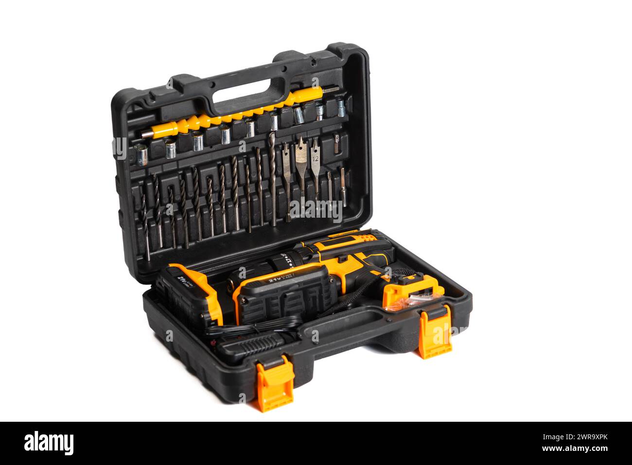 Screwdriver drill case with drill bits and bits on white background ...