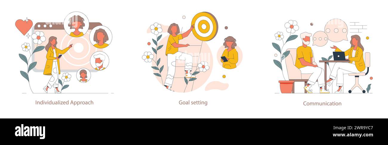 Personal Development Coach set. Detailed illustrations showcase a ...