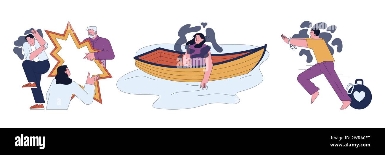 Human fears set. Scared characters confronting personal inadequacies ...