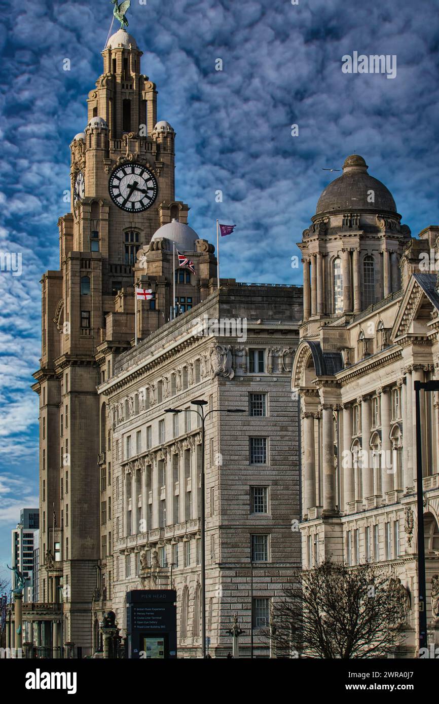 Historic Liver Building in Liverpool with clock tower under a cloudy ...