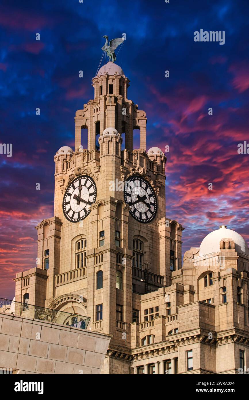Liverpool's iconic Royal Liver Building at dusk with dramatic pink and ...