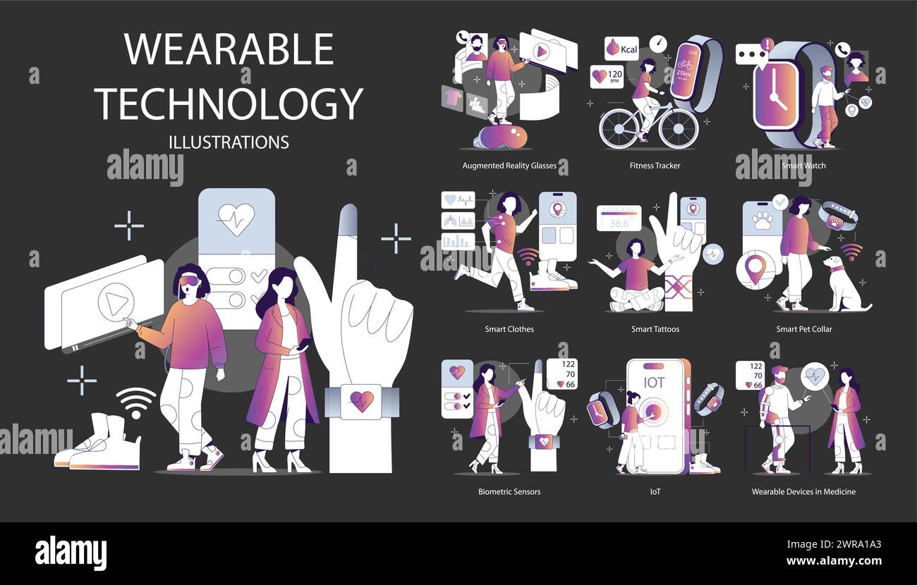 Wearable Technology night or dark mode set. Diverse devices integrating ... Wearable Technology night or dark mode set. Diverse devices integrating ...