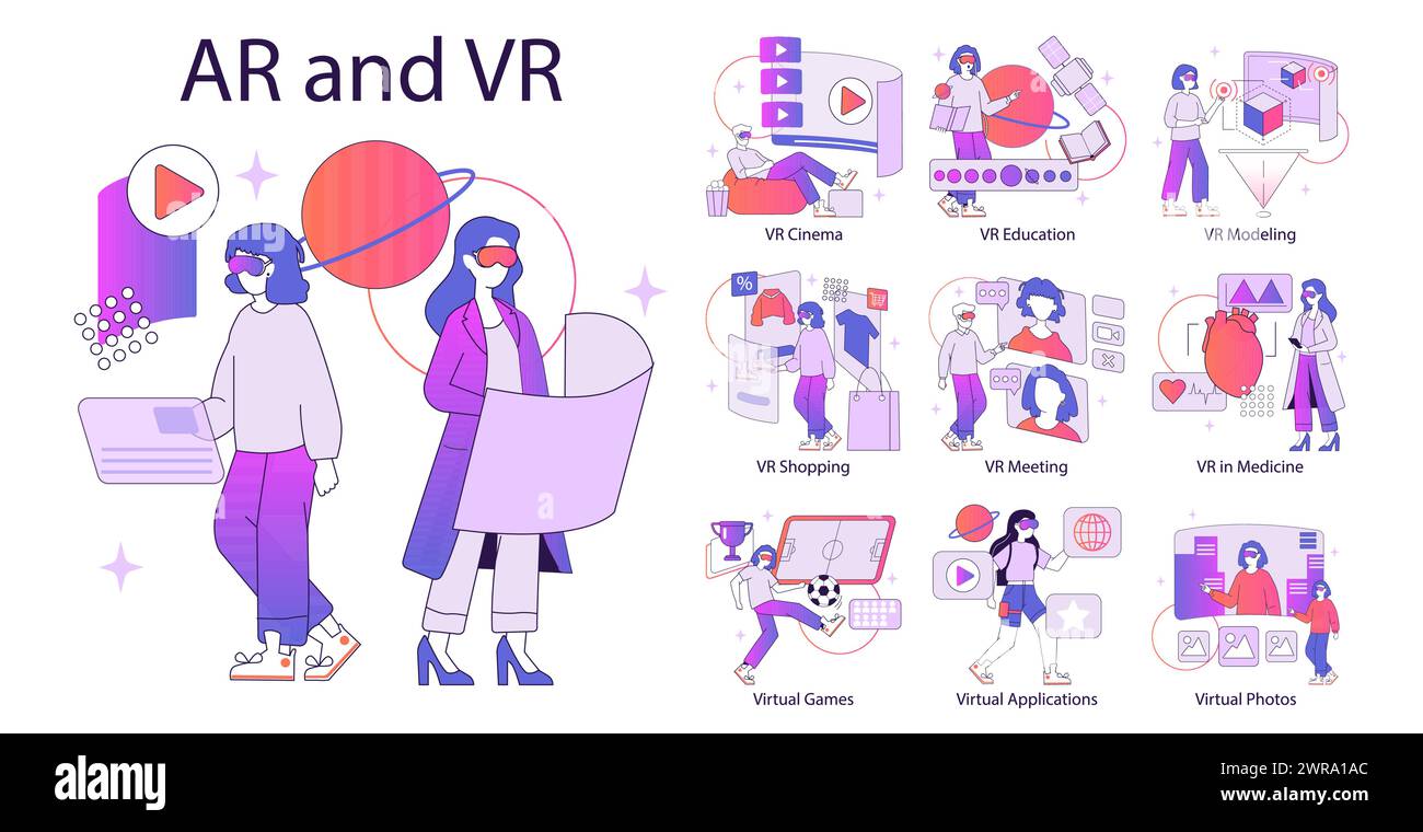 A set of cartoon illustrations depicting various people using AR and VR ...