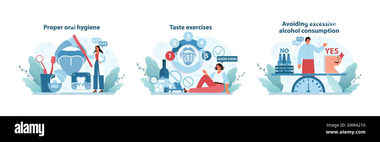Taste Care Techniques set. Illustrations promoting dental hygiene ...