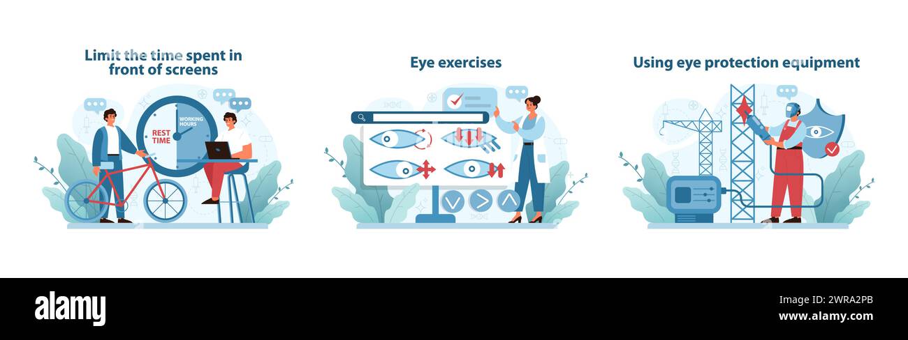 Digital Eye Strain Prevention Set. Illustrations encouraging screen ... Digital Eye Strain Prevention Set. Illustrations encouraging screen ...