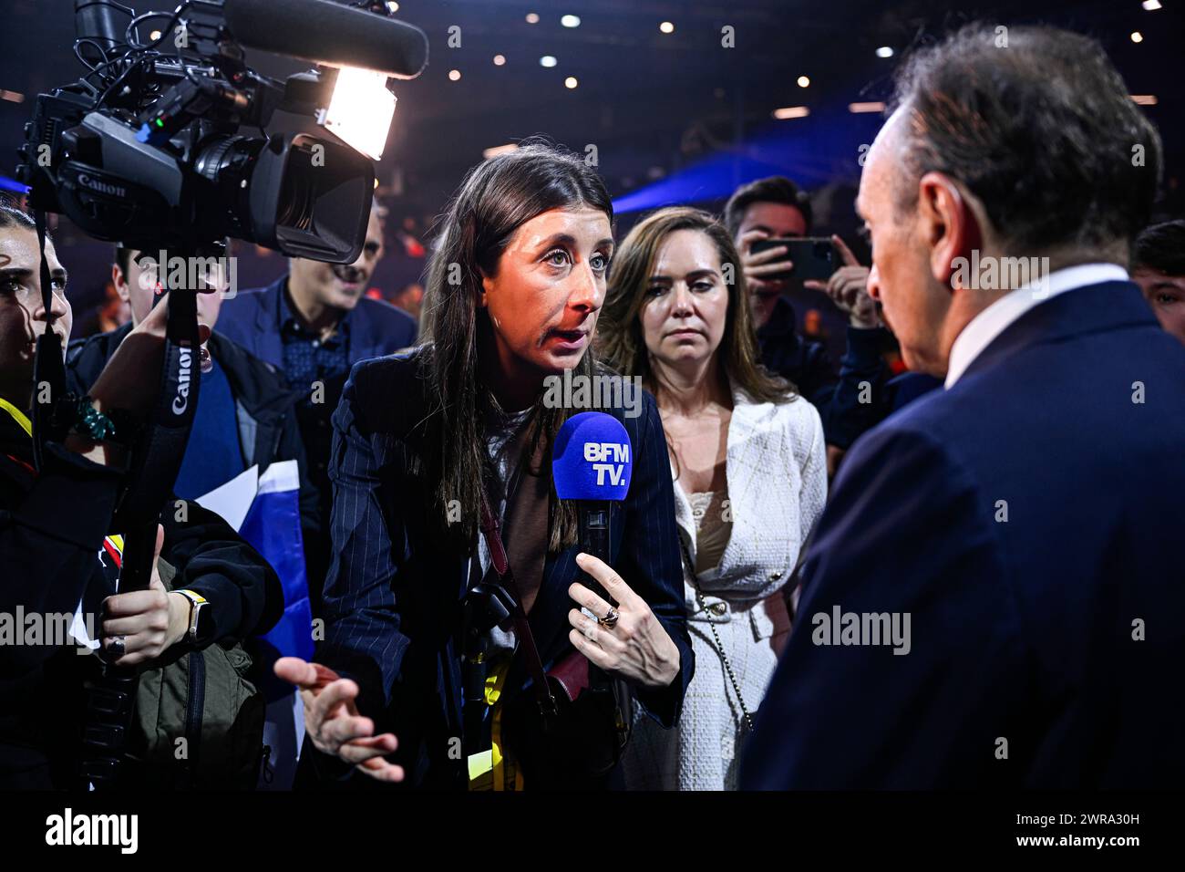 Paris, France. 10th Mar, 2024. Sophie Dupont of BFM TV during an interview with Eric Zemmour and ...