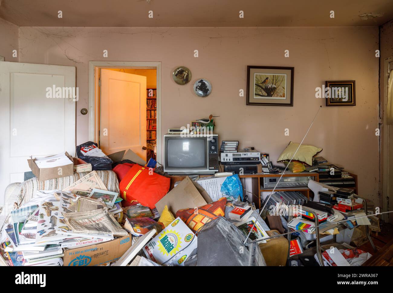 The living room of an abandoned hoarder house Stock Photo - Alamy