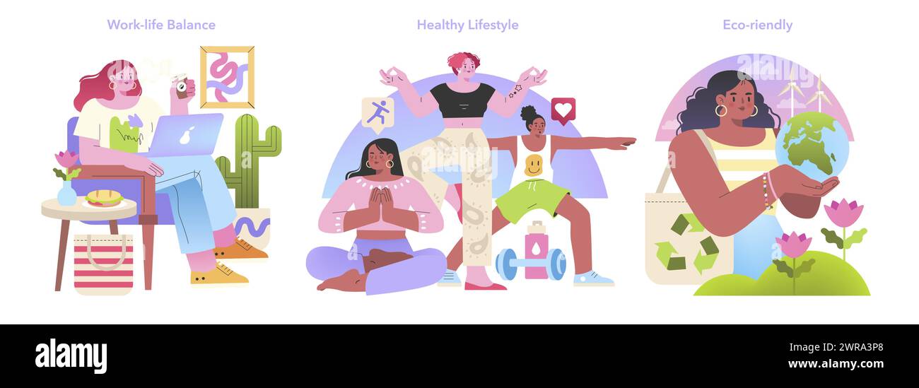 Generation Z Balance set. Young adults embodying work-from-home ease ...