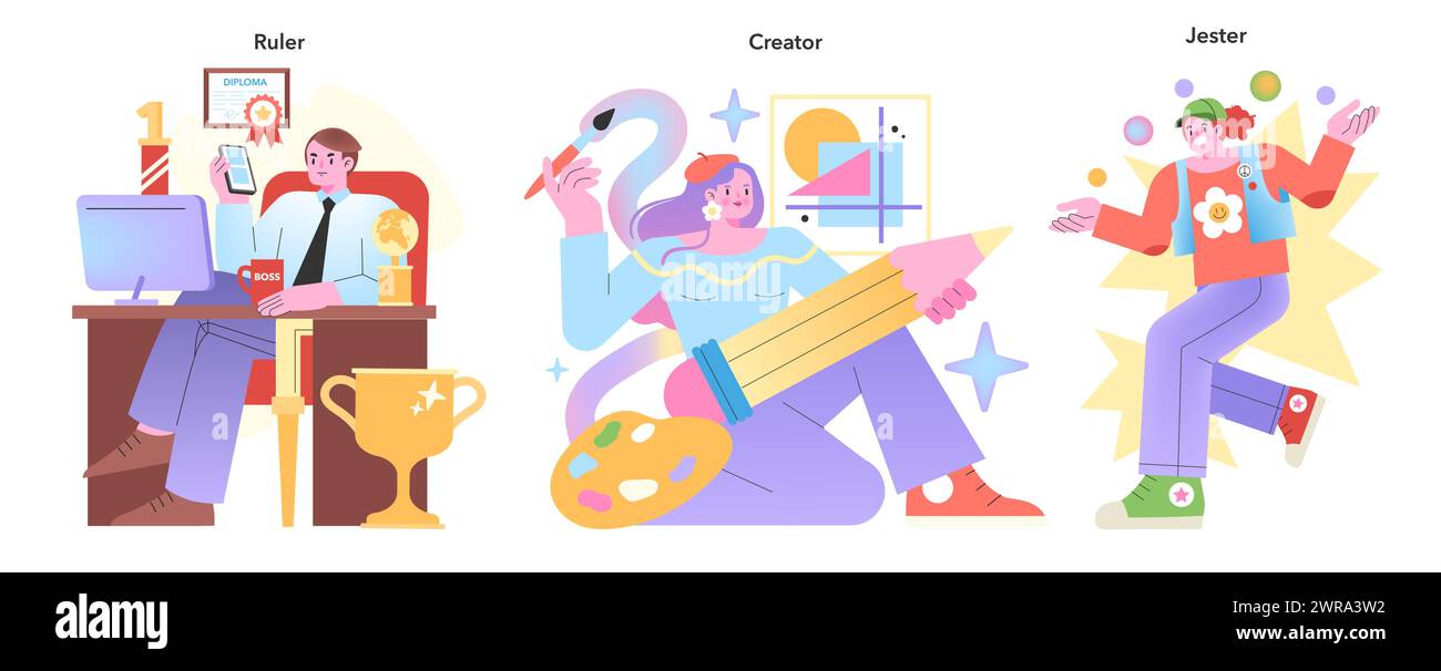 Personality Archetypes set. Ruler, Creator, and Jester depicted in ...