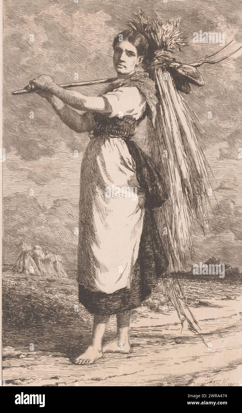 Young woman walks barefoot with a pitchfork over her shoulder across ...