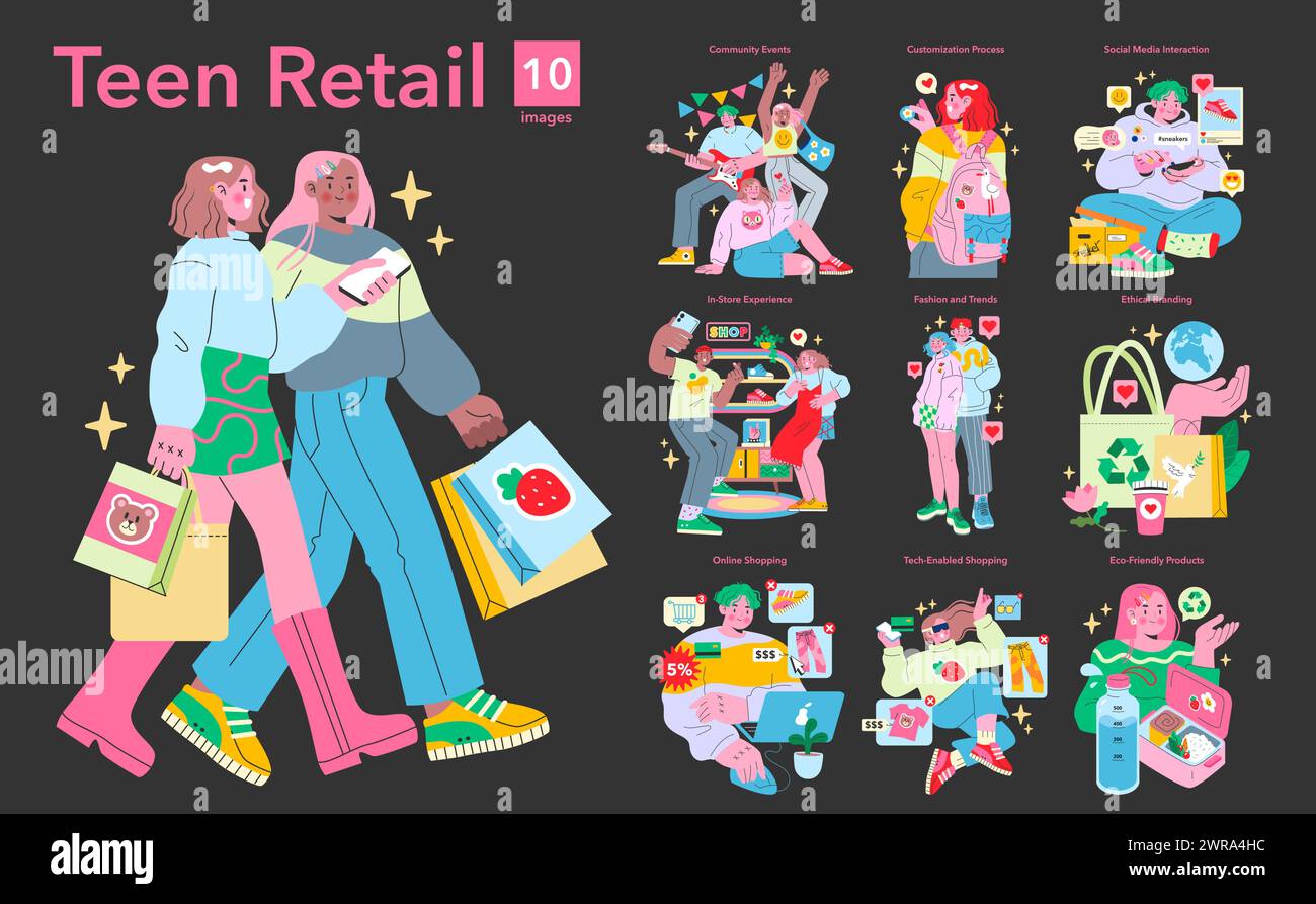 Teen Retail set. Diverse adolescents engaging in shopping and social ...