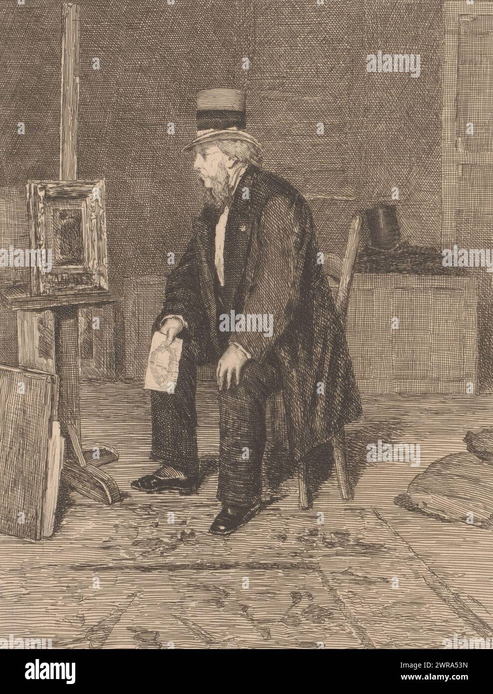 Interior with a man in a top hat looking at a painting, print maker ...