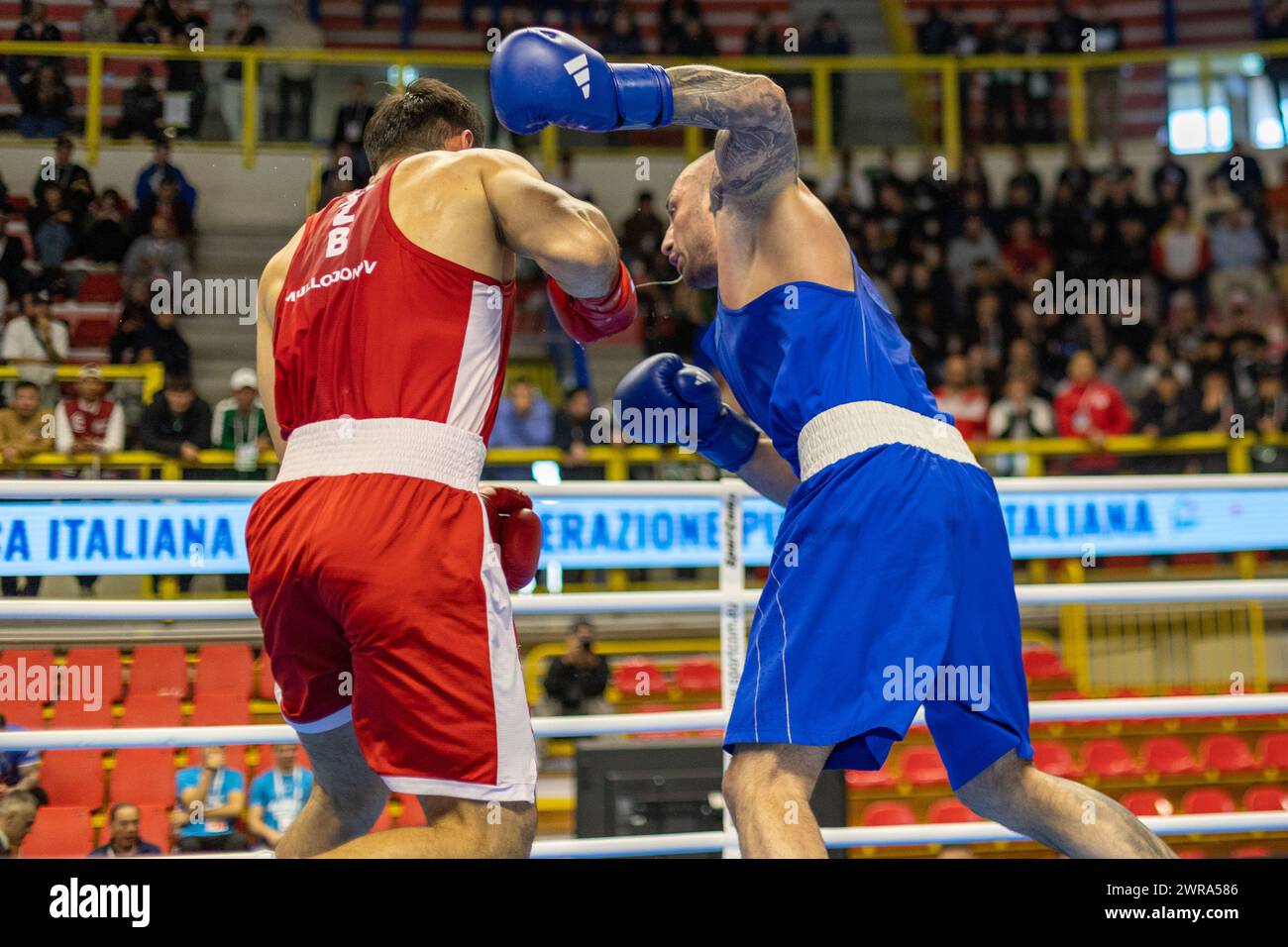 Busto Arsizio, Italy. 11th Mar, 2024. Mullojonov Lazizbek (Uzb) in red ...