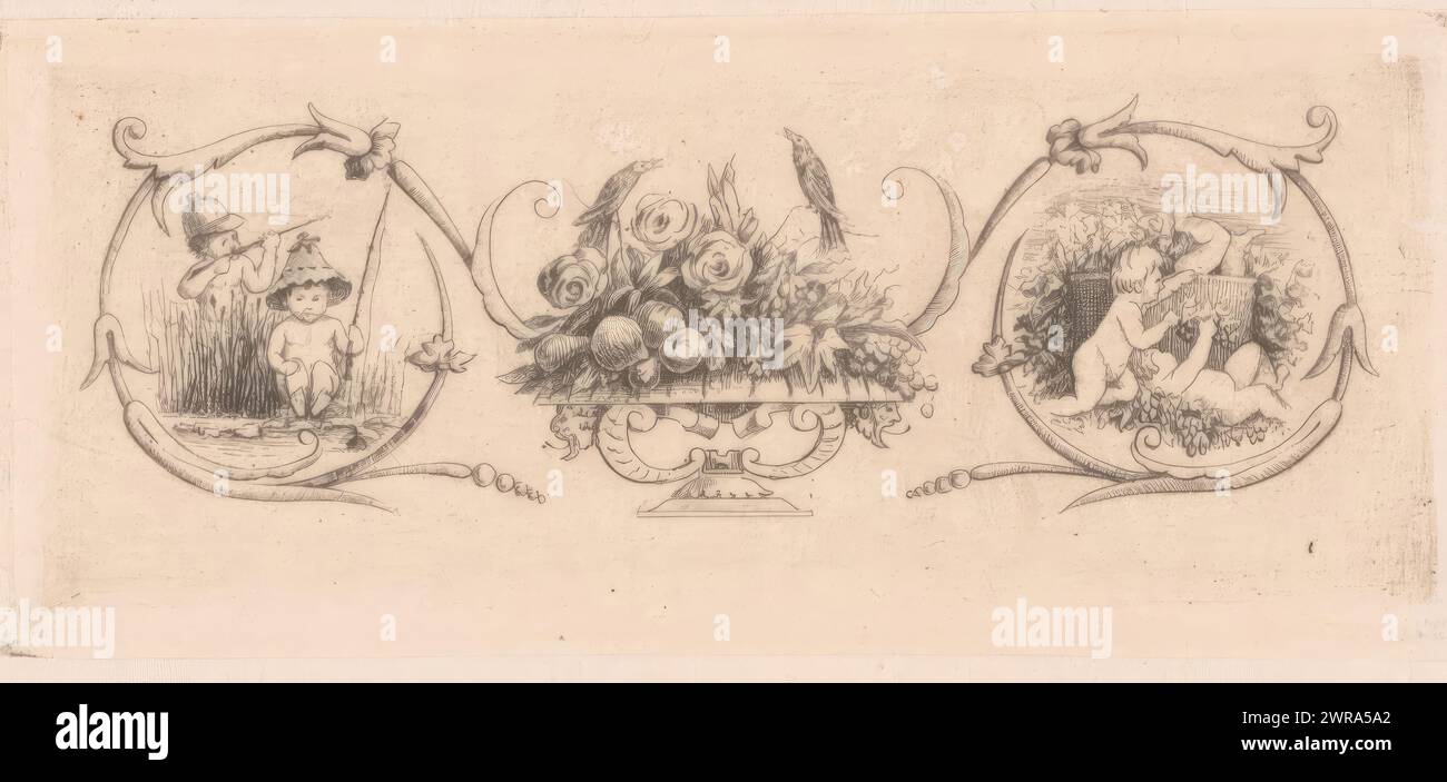 Flower ornament with putti, on the left two putti with hunting rifle ...