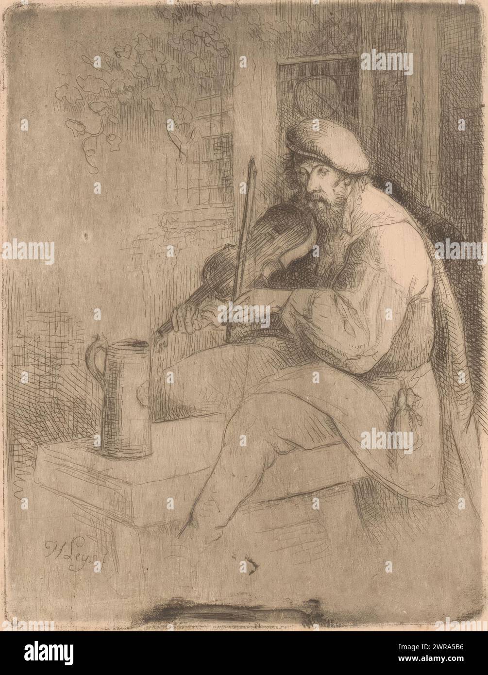Musician plays violin, print maker: Henri Leys (baron), 1825 - 1869 ...