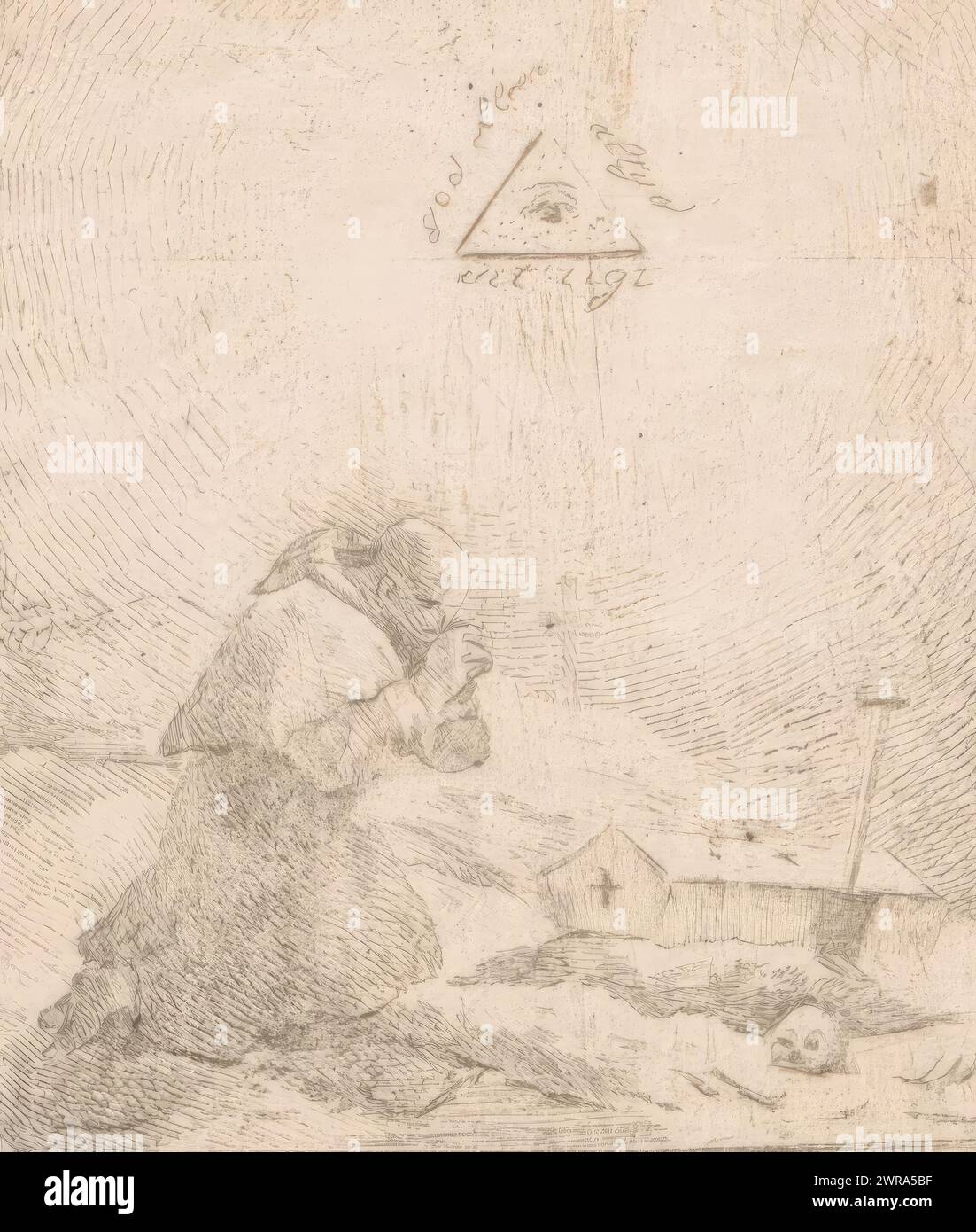 Monk prays at an open grave under the all-seeing eye, print maker ...